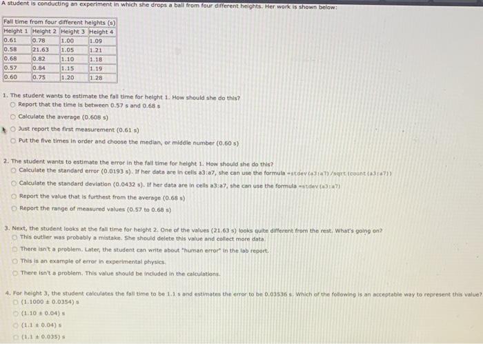 Solved 1. The student wants to estimate the fall time for | Chegg.com