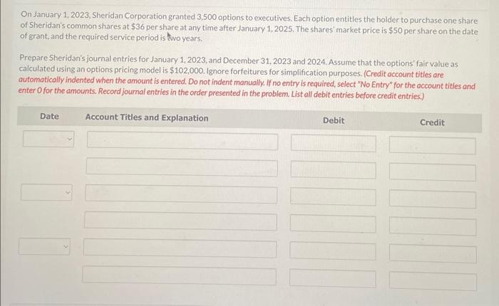 Solved On January 1,2023, Sheridan Corporation granted 3,500 | Chegg.com