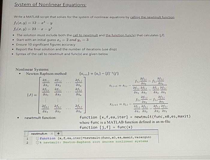 Solved System of Nonlinear Equations: Write a MATLAB script | Chegg.com
