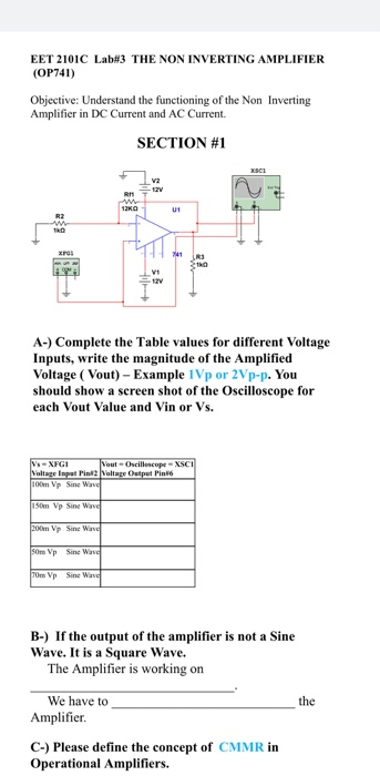 Solved EET 2101C Lab#3 THE NON INVERTING AMPLIFIER (OP741) | Chegg.com