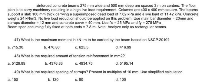 Solved ainforced concrete beams 275 mm wide and 500 mm deep | Chegg.com