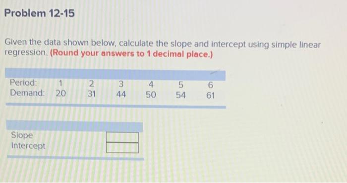 Solved Problem 12-15 Given the data shown below, calculate | Chegg.com