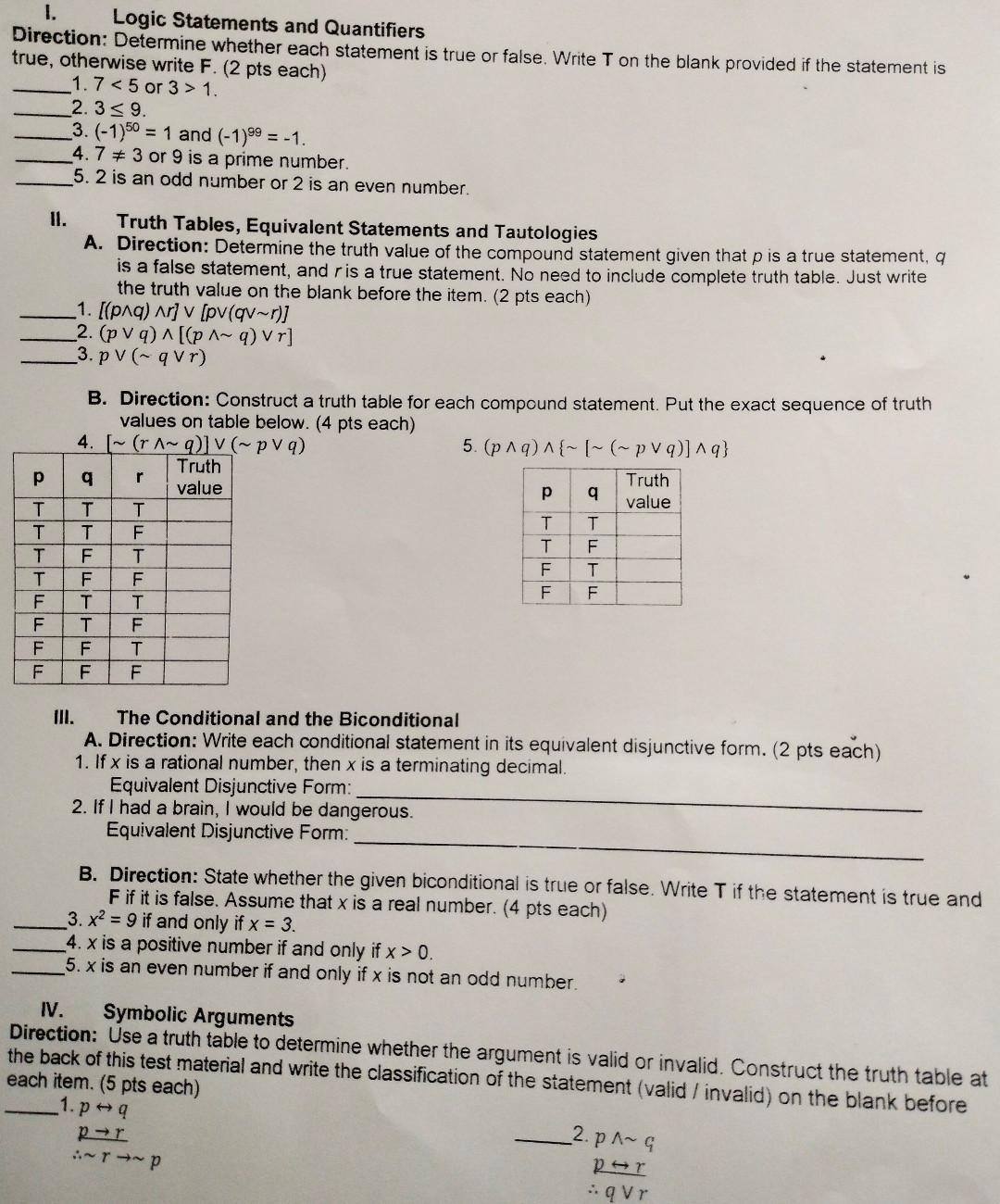 Solved 1. Logic Statements and Quantifiers Direction: | Chegg.com