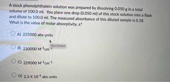 Solved A stock phenolphthalein solution was prepared by | Chegg.com