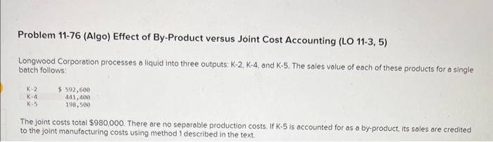 Solved Problem 11-76 (Algo) Effect of By-Product versus | Chegg.com