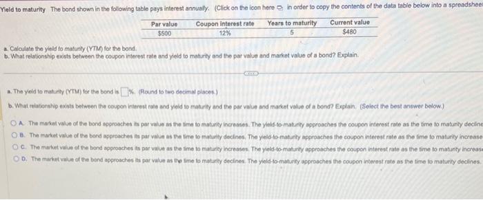 Solved a. Calculais the yield fo matunty (YTM) for the bond. | Chegg.com