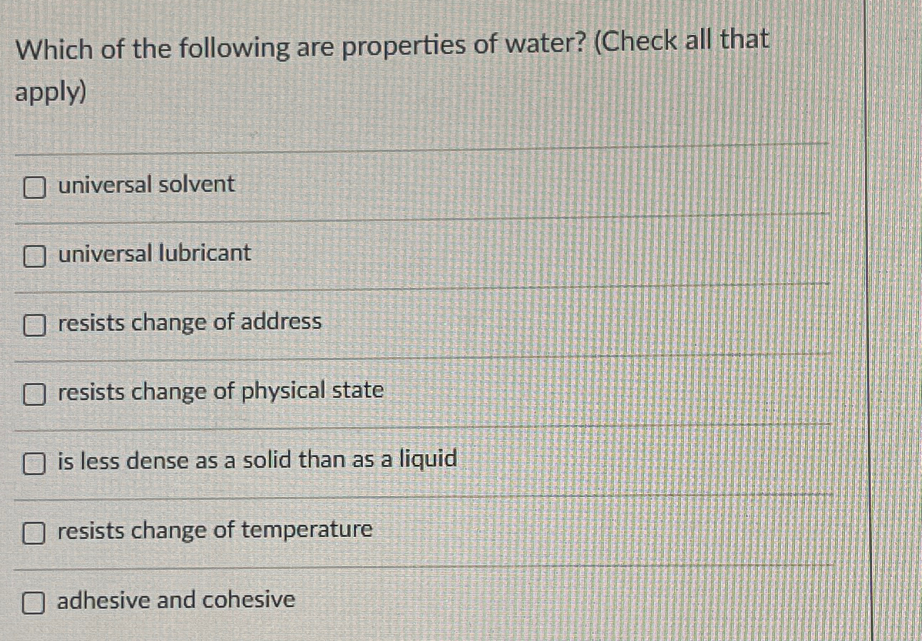 Solved Which of the following are properties of water? | Chegg.com