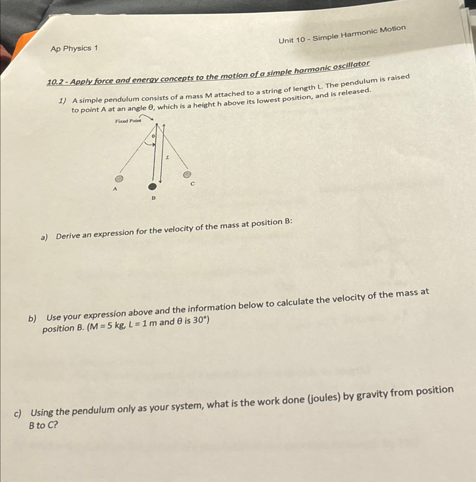Solved Ap Physics 1Unit 10 - ﻿Simple Harmonic Motion10.2 - | Chegg.com