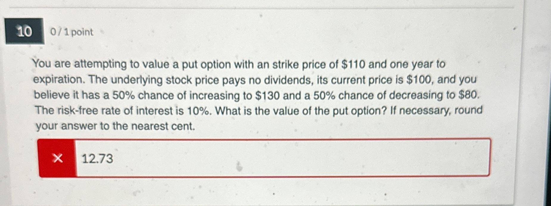 Solved 0/1 ﻿pointYou are attempting to value a put option | Chegg.com