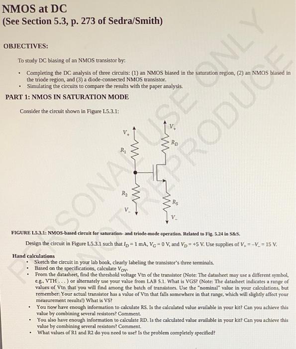 Solved NMOS at DC (See Section 5.3, p. 273 of Sedra/Smith) | Chegg.com