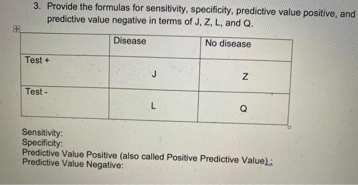Solved 3. Provide the formulas for sensitivity, specificity, | Chegg.com