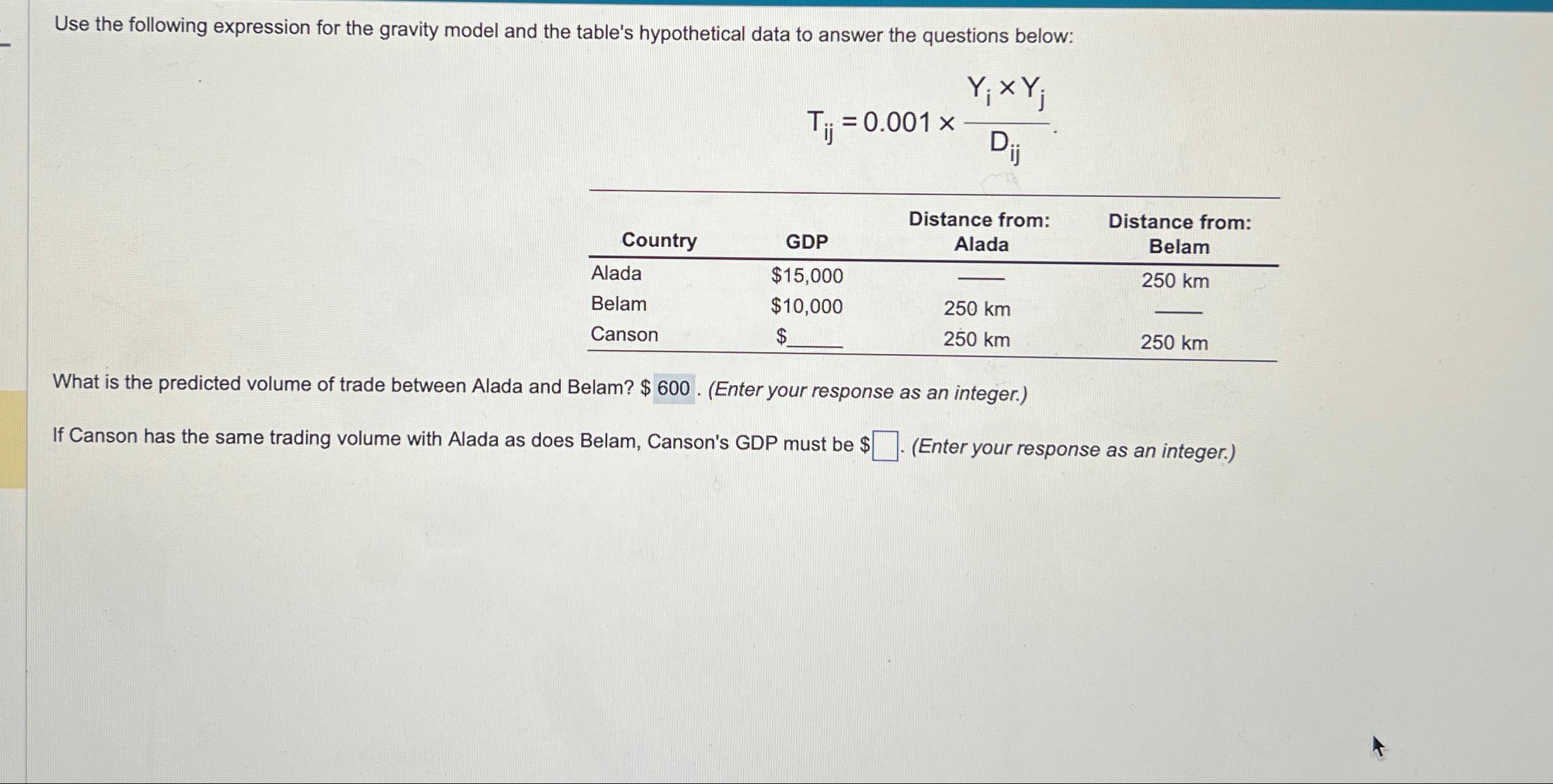 Solved Use the following expression for the gravity model | Chegg.com