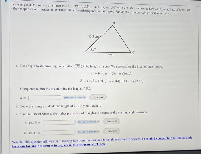 Solved For triangle ABC, we are given that m∠A=43.6∘,AB=13.3 | Chegg.com
