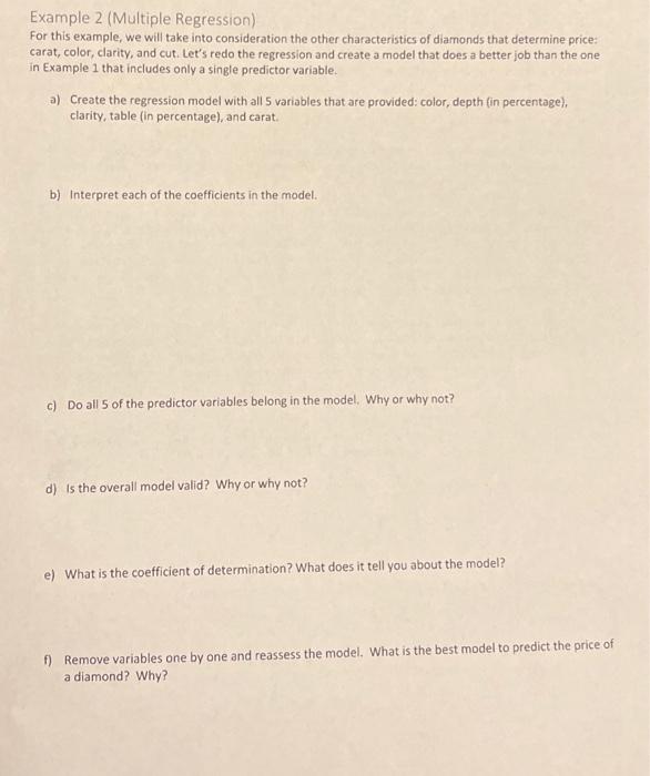 Solved Regression Modeling: Diamond Pricing When a | Chegg.com