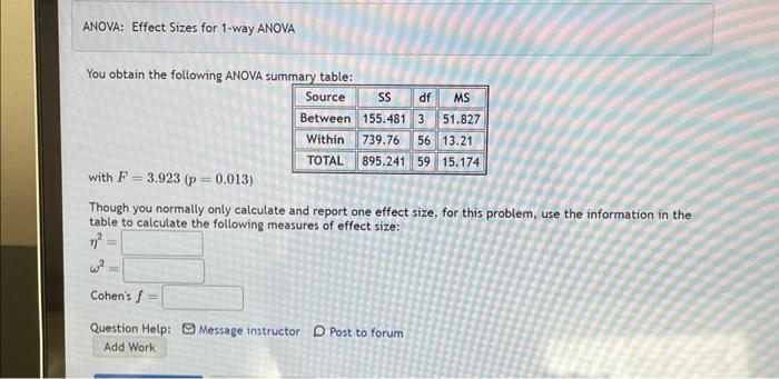 Solved ANOVA: Effect Sizes for 1 -way ANOVA You obtain the | Chegg.com