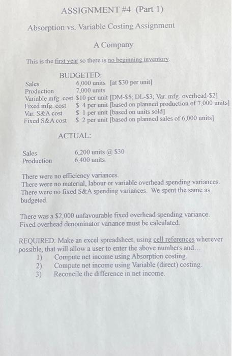 Solved Absorption vs. Variable Costing Assignment A Company | Chegg.com