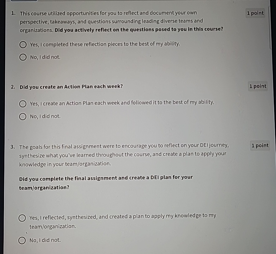 Solved This course utilized opportunities for you to reflect | Chegg.com