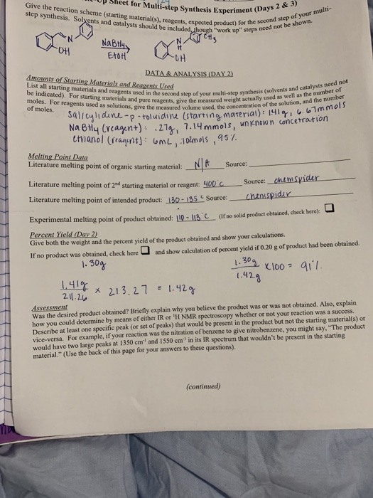 Solved Cup Sheet for Multi-step Synthesis Experiment ( Give | Chegg.com