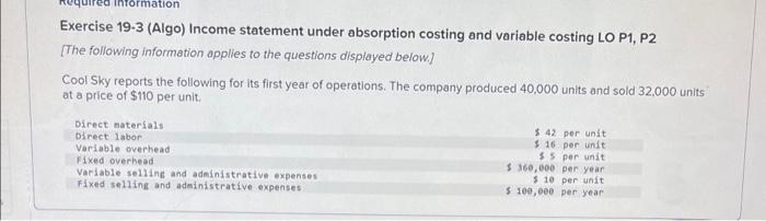 Solved Exercise 19-3 (Algo) Income statement under | Chegg.com