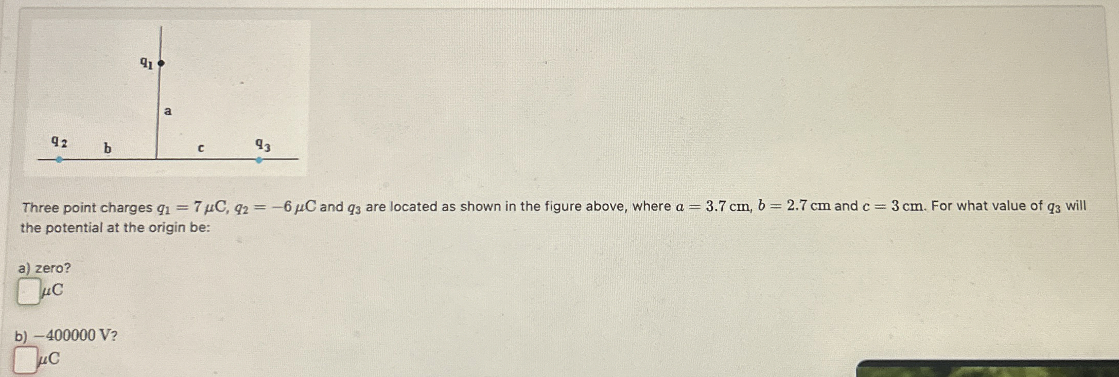 Solved Three point charges q1=7μC,q2=-6μC ﻿and q3 ﻿are | Chegg.com