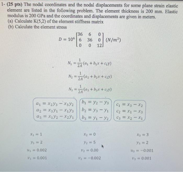 Solved 1- (25 pts) The nodal coordinates and the nodal | Chegg.com