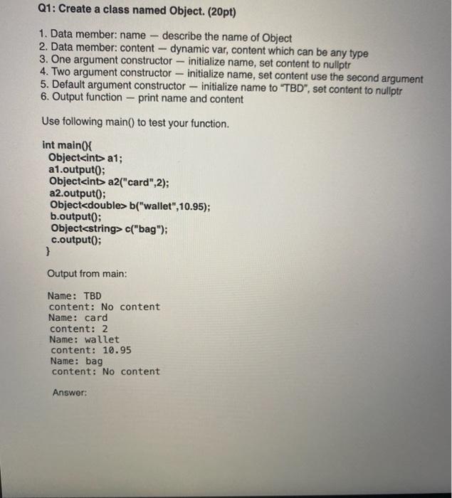 Solved Q1: Create a class named Object. (20pt) 1. Data | Chegg.com
