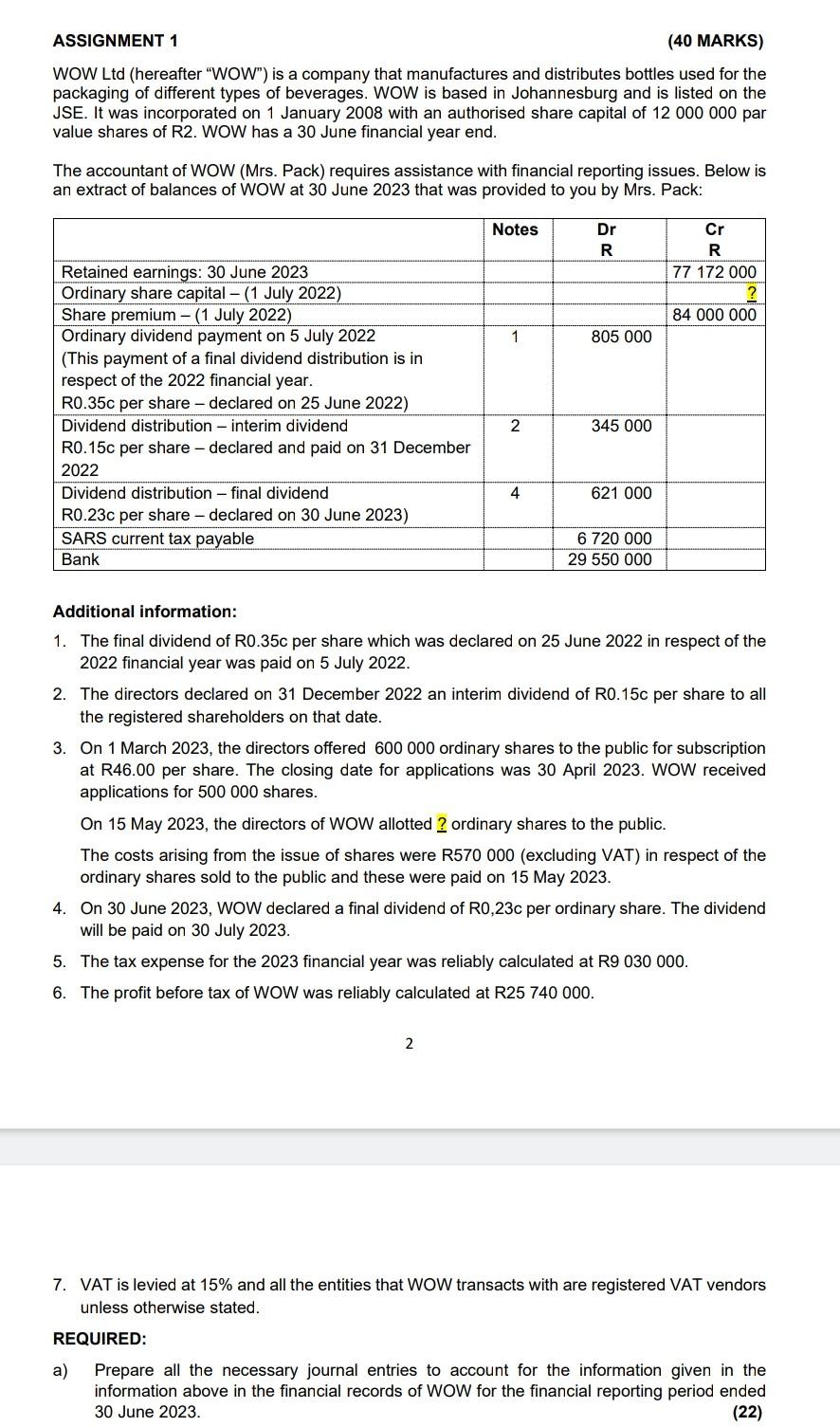 Solved ASSIGNMENT 1 (40 MARKS) WOW Ltd (hereafter "WOW") is | Chegg.com