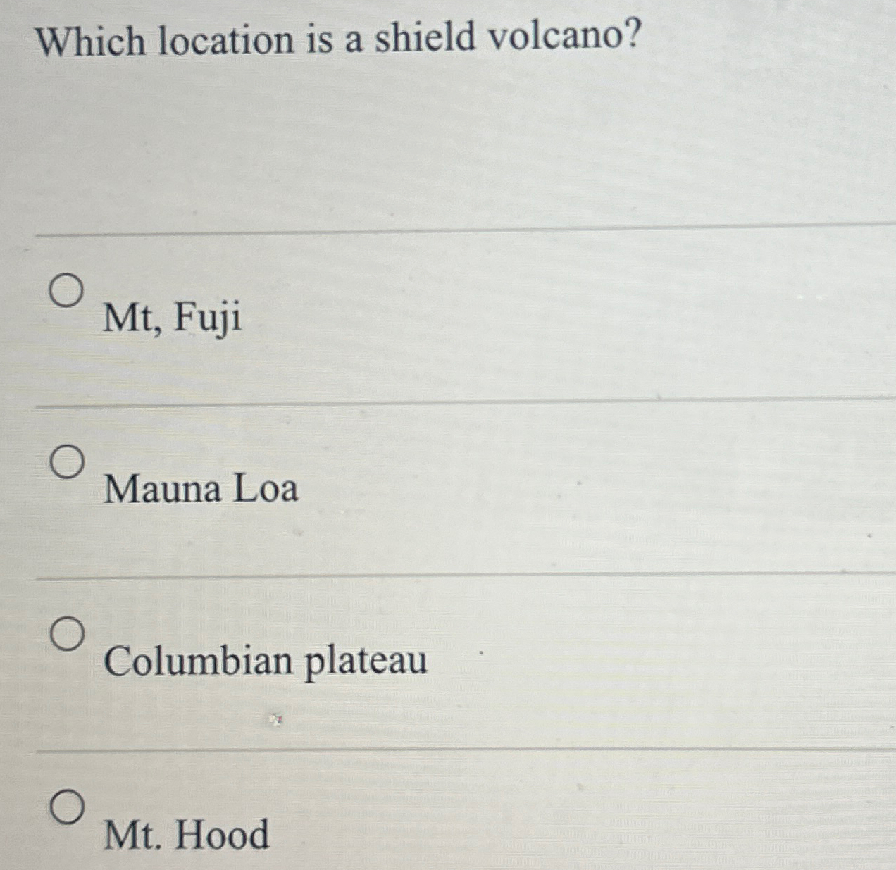Solved Which location is a shield volcano?Mt, ﻿FujiMauna | Chegg.com