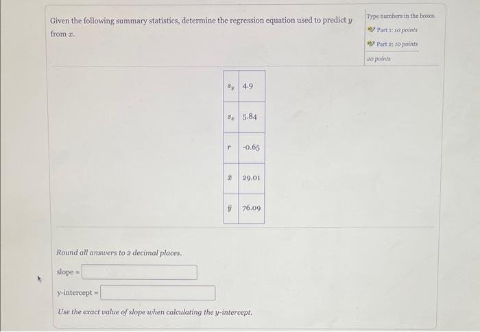Solved Given the following summary statistics, determine the | Chegg.com