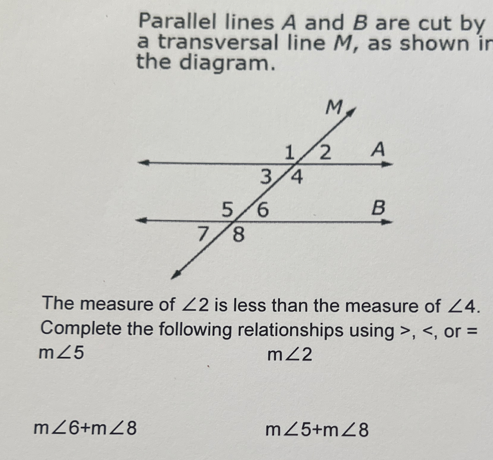 Solved Parallel lines A and B ﻿are cut by a transversal line | Chegg.com