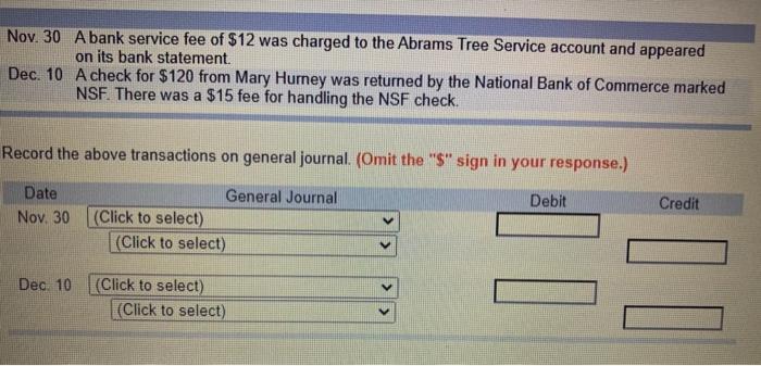Solved Nov. 30 A bank service fee of $12 was charged to the | Chegg.com