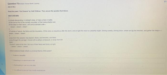 Question 15 mana Ovise Wath 2 poima Reat the poem War | Chegg.com