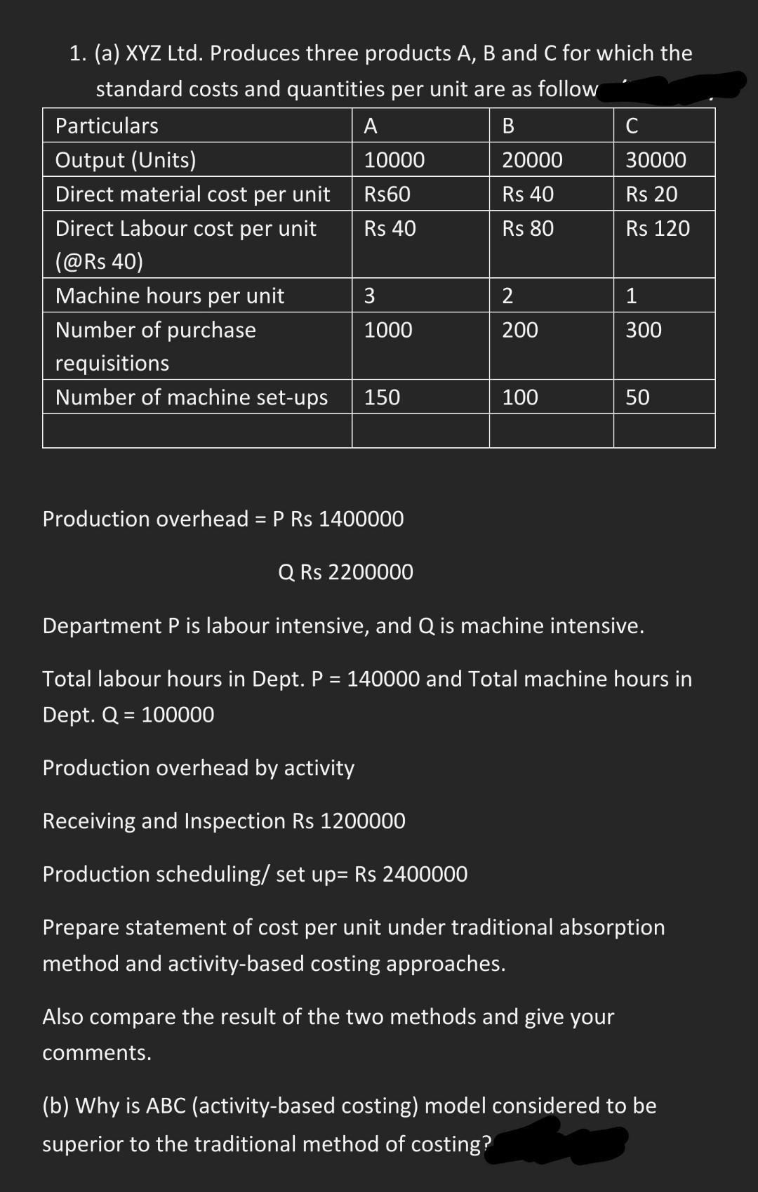 Solved 1. (a) XYZ Ltd. Produces three products A, B and C | Chegg.com