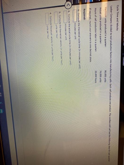 Solved LW LICNO Cycle Time and Velocity Lasker Company | Chegg.com