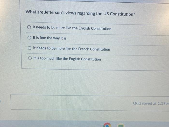 What are Jefferson's views regarding the US | Chegg.com