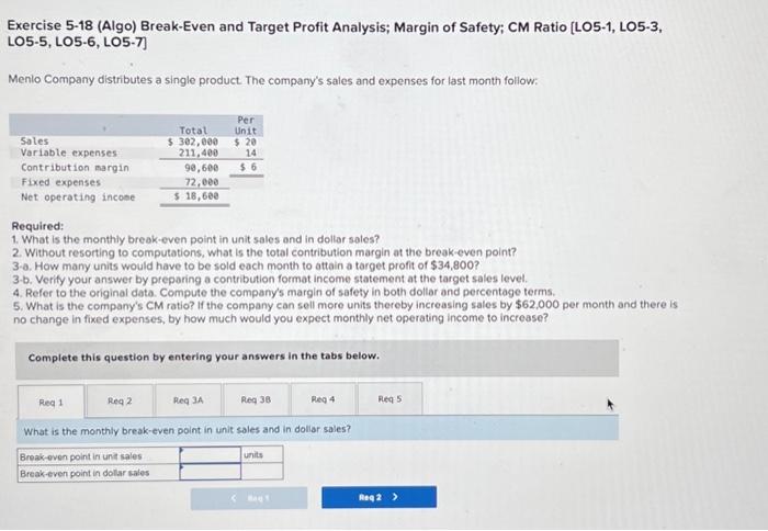 Solved Exercise 5-18 (Algo) Break-Even and Target Profit | Chegg.com