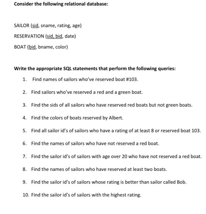 Solved Consider the following relational database: SAILOR | Chegg.com