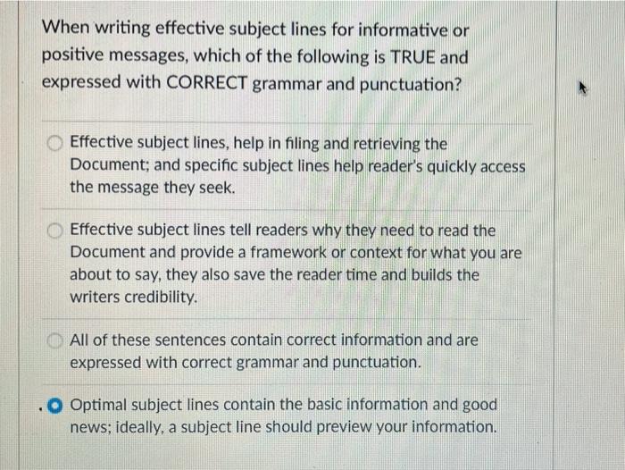 Solved When writing effective subject lines for informative | Chegg.com