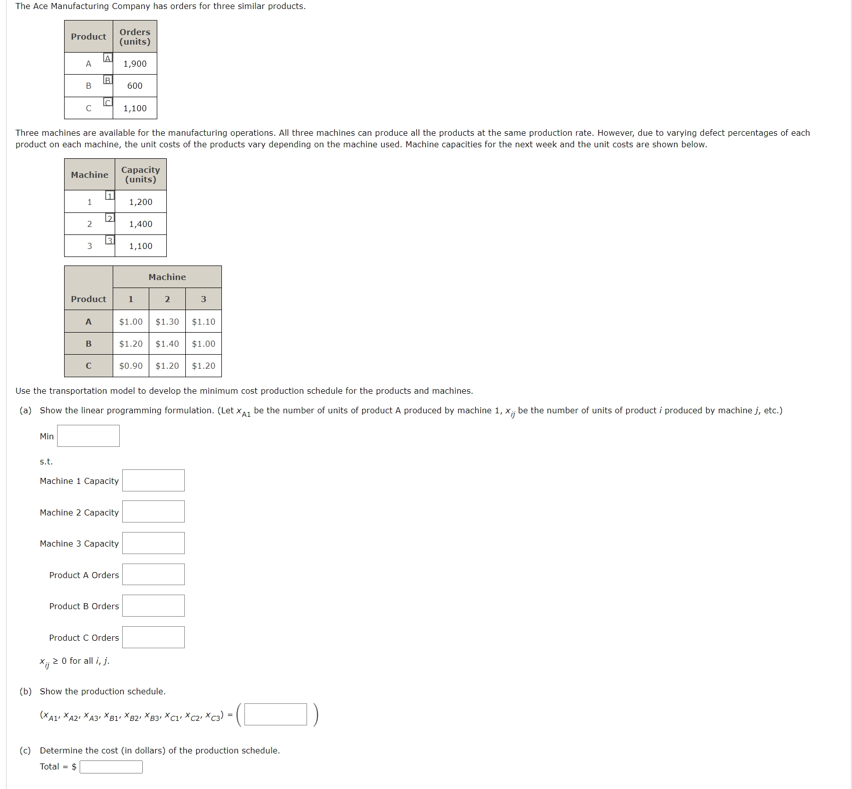 Solved The Ace Manufacturing Company has orders for three | Chegg.com