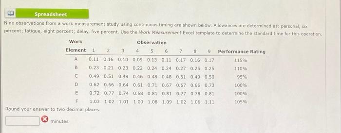 Solved Spreadsheet Nine observations from a work measurement | Chegg.com