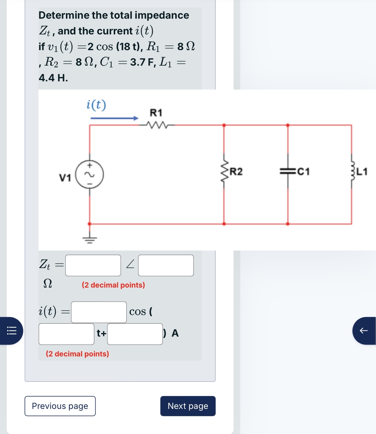 Solved Determine the total impedance Zt, ﻿and the current | Chegg.com