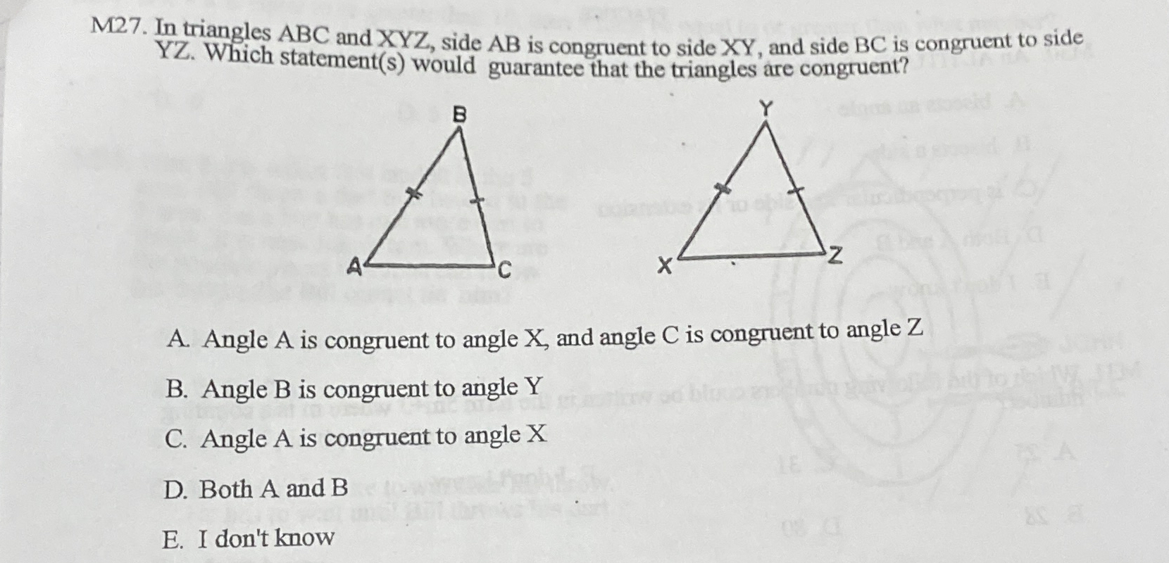 Solved M27. ﻿In triangles ABC and xYZ, ﻿side AB ﻿is | Chegg.com