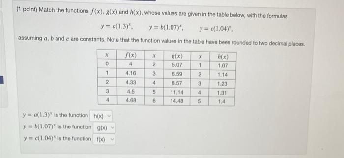 Solved (1 point) Match the functions f(x),g(x) and h(x), | Chegg.com