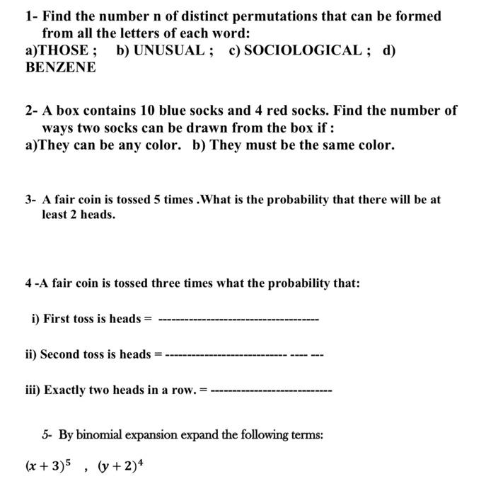 Solved 1 Find The Number N Of Distinct Permutations That Chegg