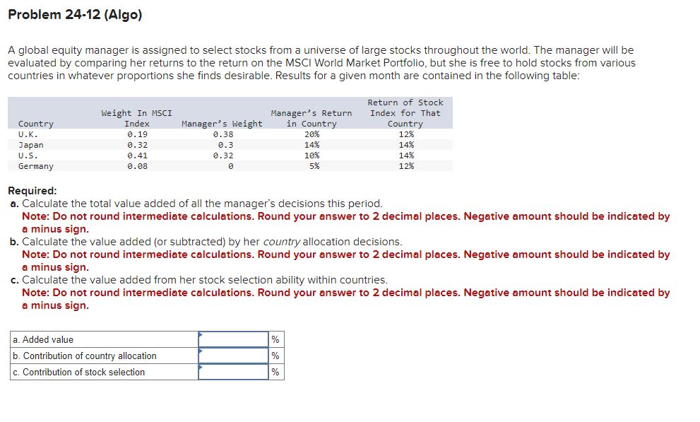 Solved Problem 24-12 (Algo)A global equity manager is | Chegg.com