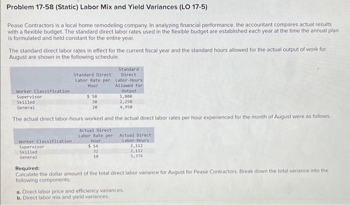 Solved Problem 17-58 (Static) Labor Mix and Yield Variances | Chegg.com