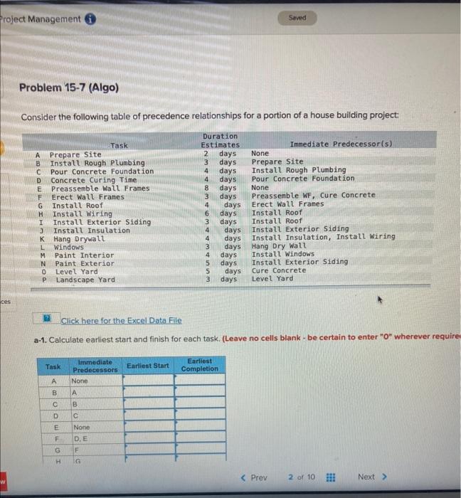Solved Project Management Saved Problem 15-7 (Algo) Consider | Chegg.com