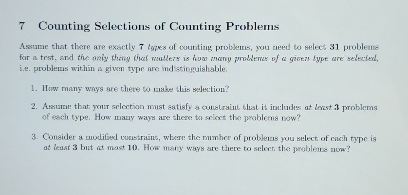 Solved 7 Counting Selections of Counting Problems Assume | Chegg.com