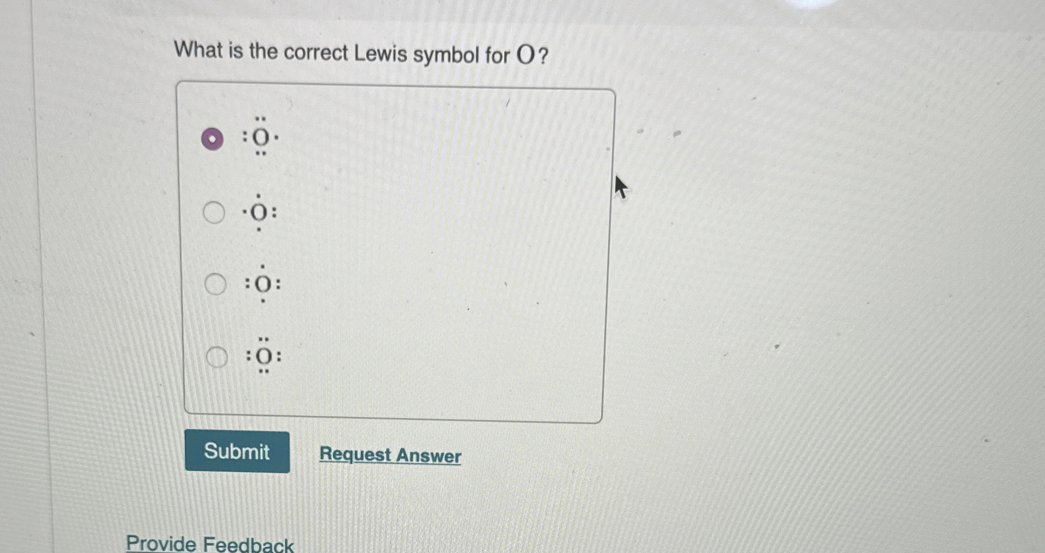 Solved What is the correct Lewis symbol for O ?0¨*O::O˙::O¨: | Chegg.com