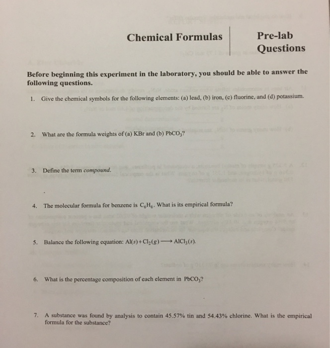 Solved Pre-lab Chemical Formulas Questions Before beginning | Chegg.com